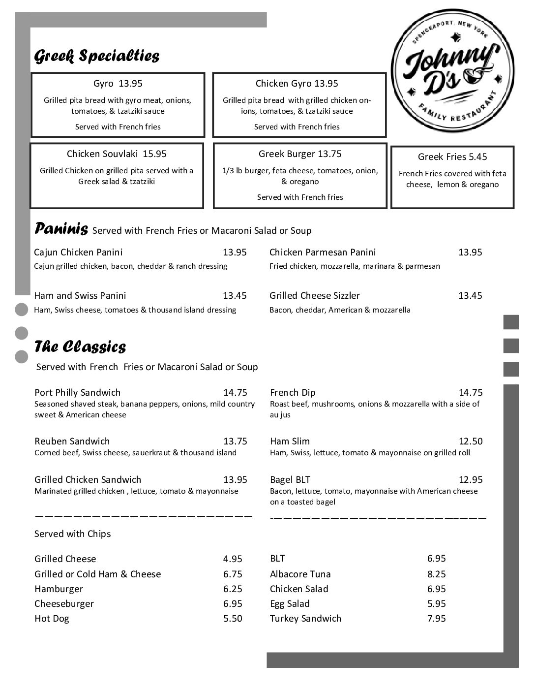 Johnny D’s Lunch Menu | Johnny D's Family Restaurant
